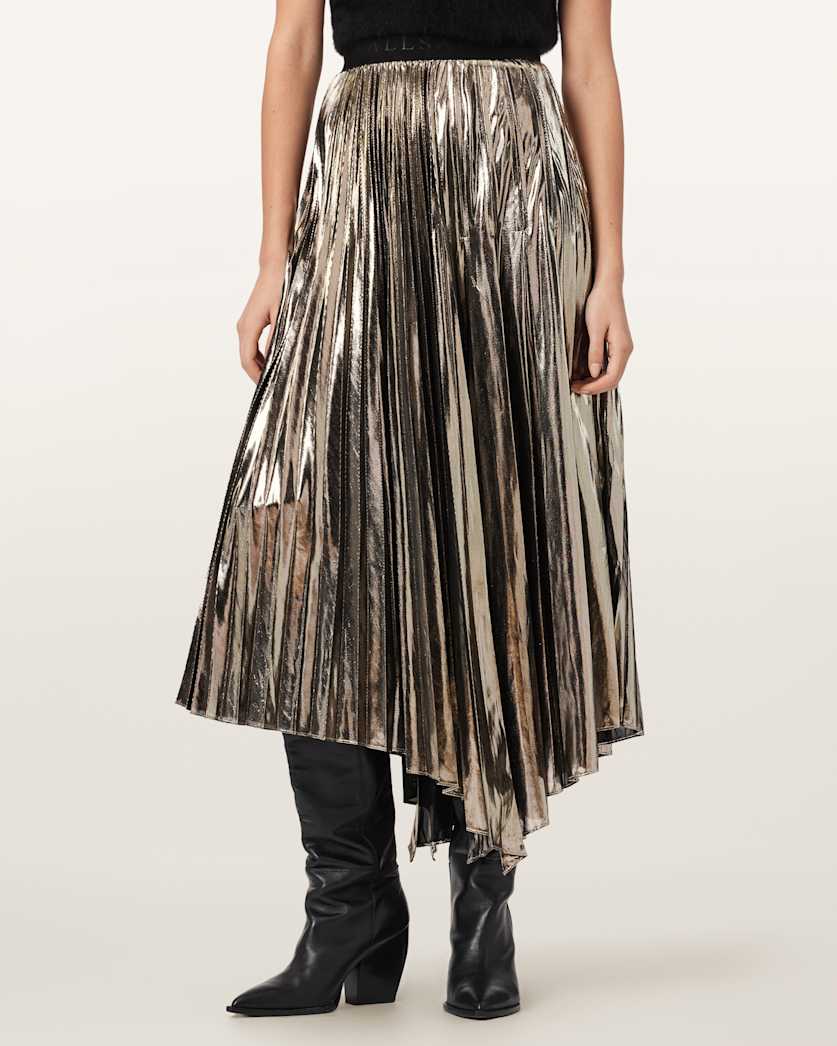 Jax Pleated Midi Skirt METALLIC GOLD | ALLSAINTS Canada